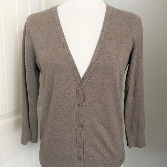 LOFT | Sweaters | Loft Heathered Mocha Pointelle Buttonfront Cotton ...